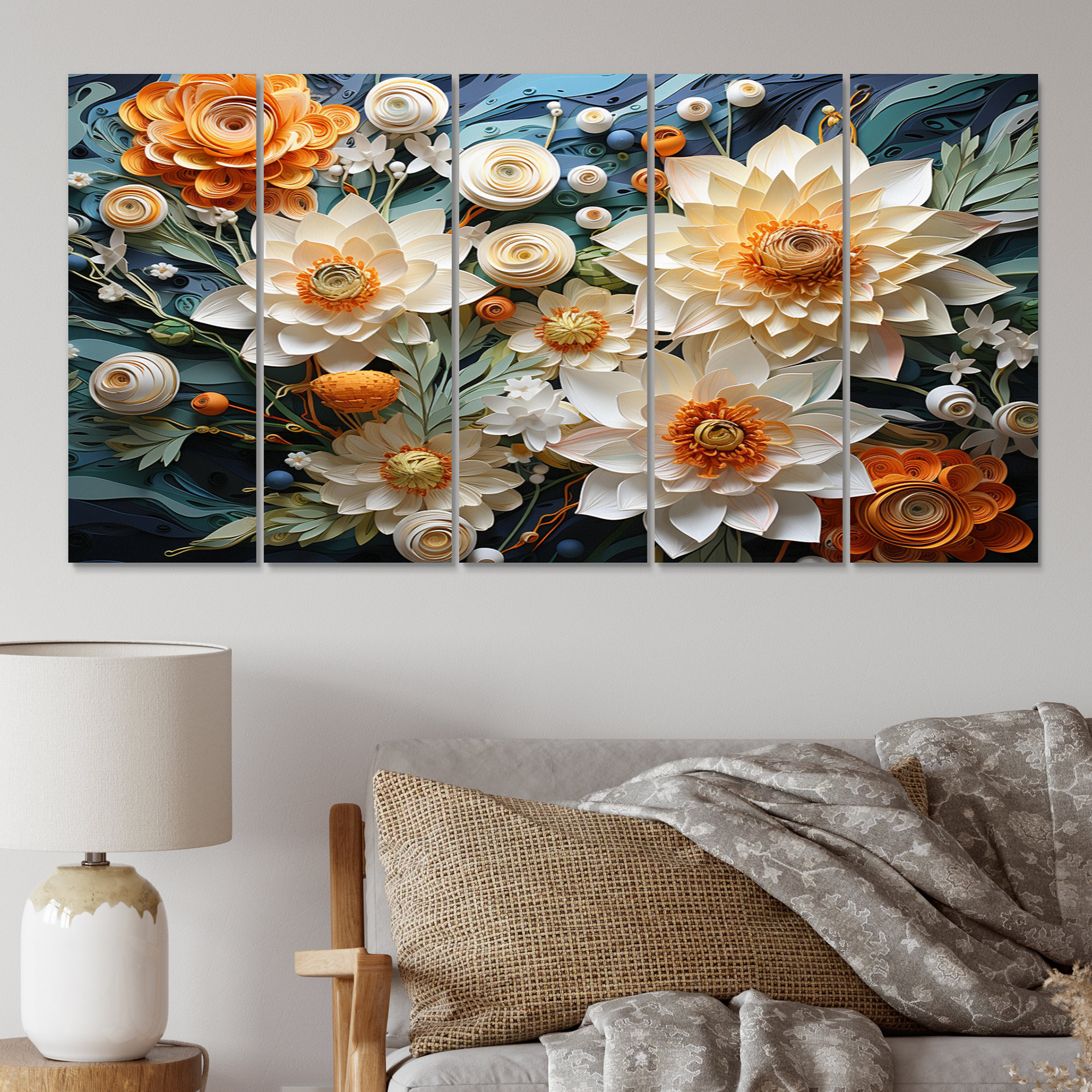 Design Art Asian Art Koi Dance I - Asian Canvas Wall Art - 5 Equal ...