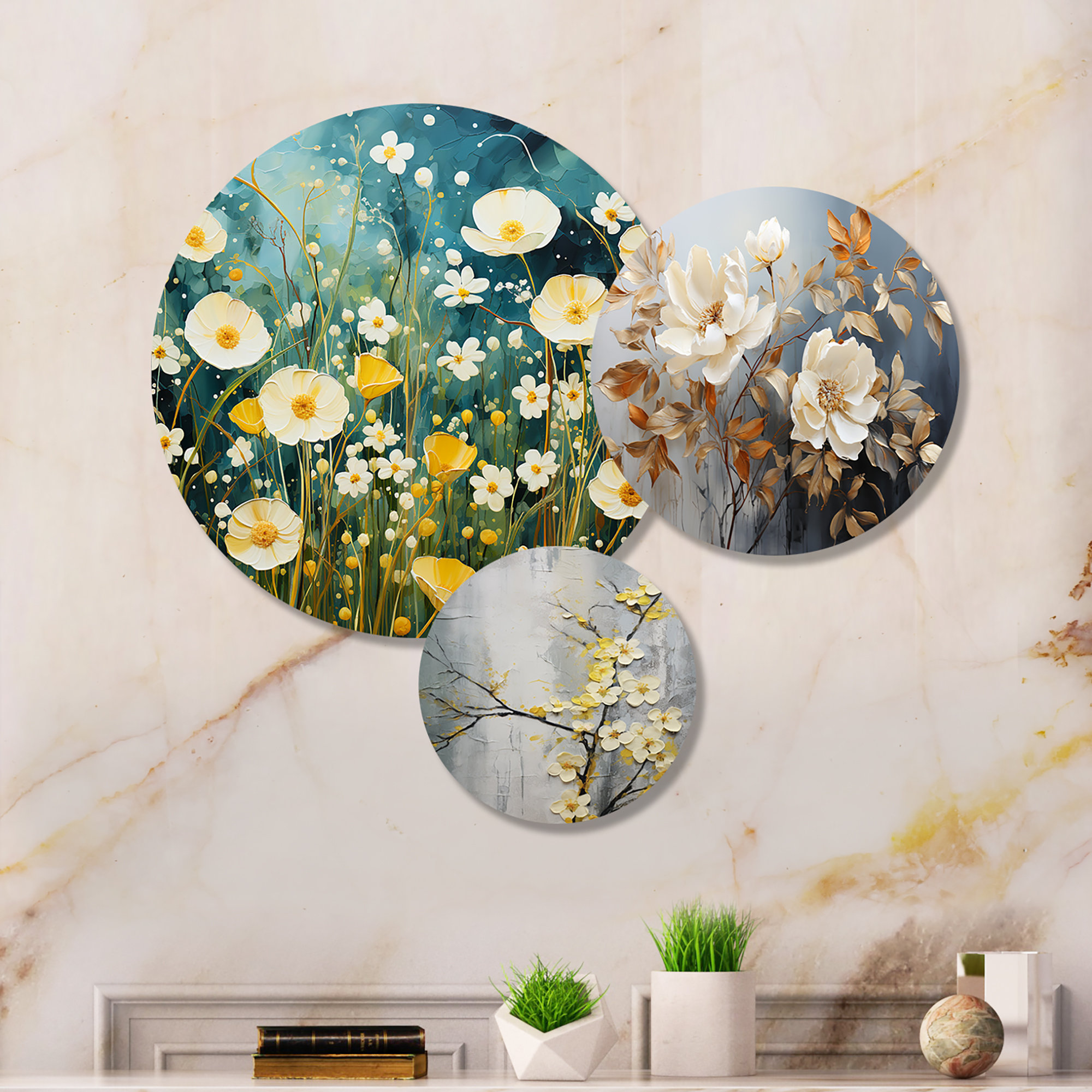 East Urban Home Blue Muted Botanicals II On Metal 3 Pieces Print | Wayfair