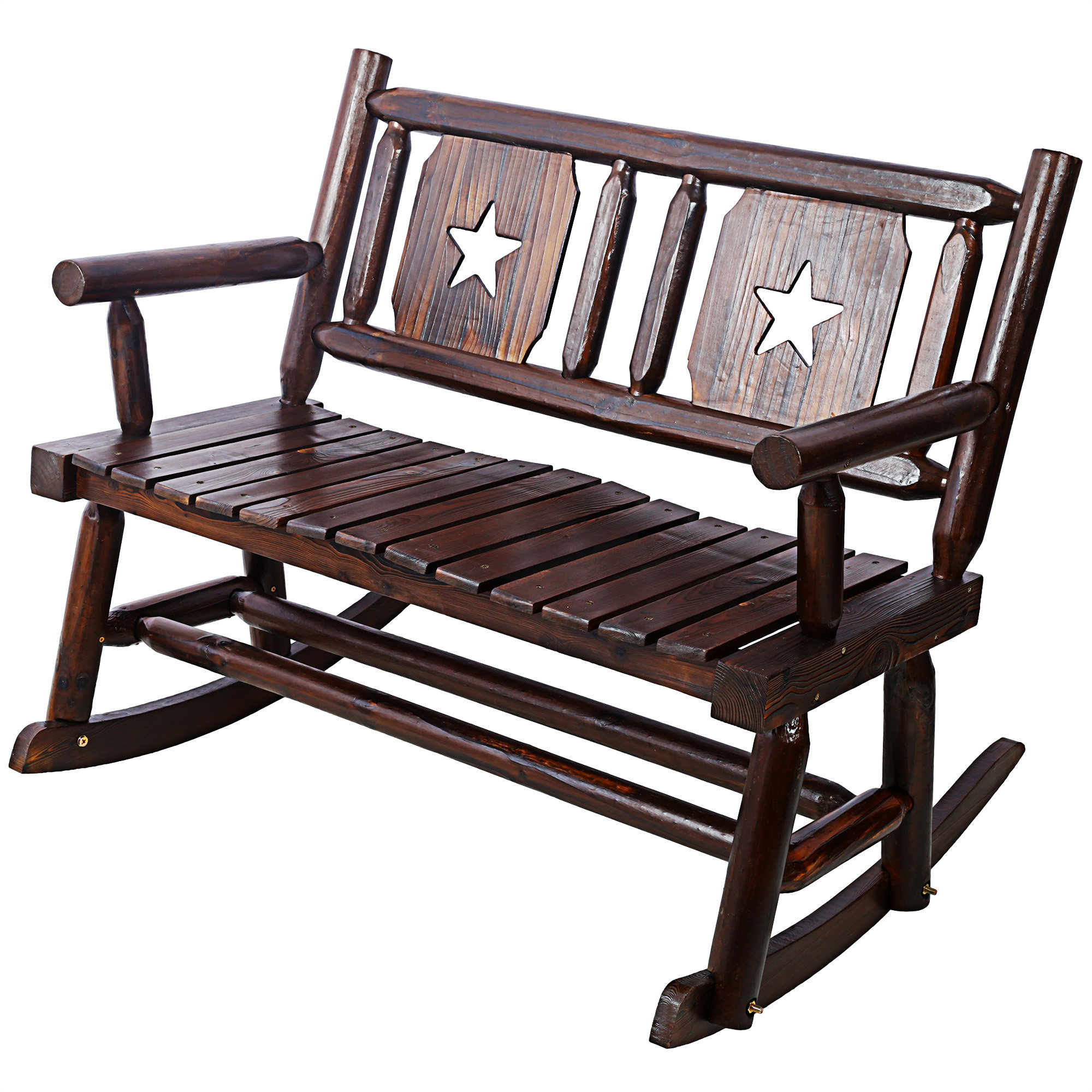 Millwood Pines Outdoor Wood Rocking Bench Carbonized Double Rocking ...