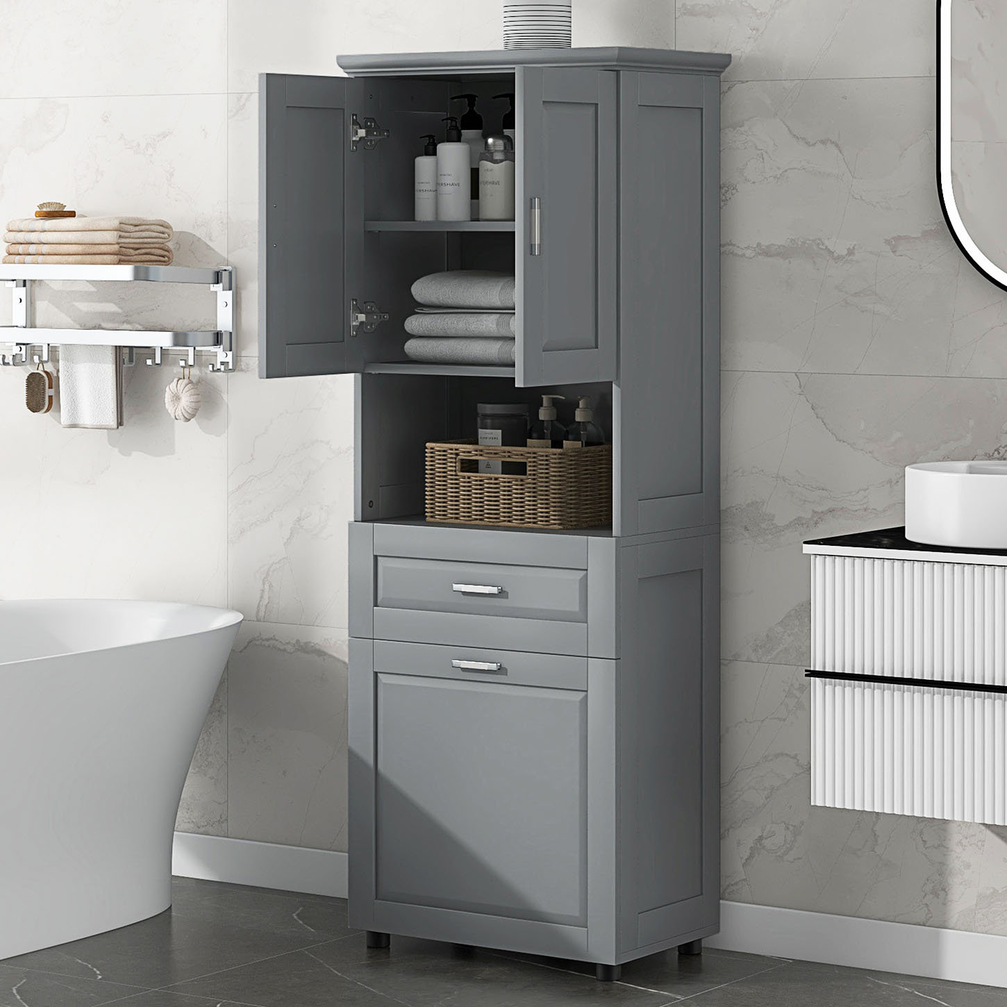 Hokku Designs Tall Bathroom Cabinet With Laundry Basket, Tilt-Out ...