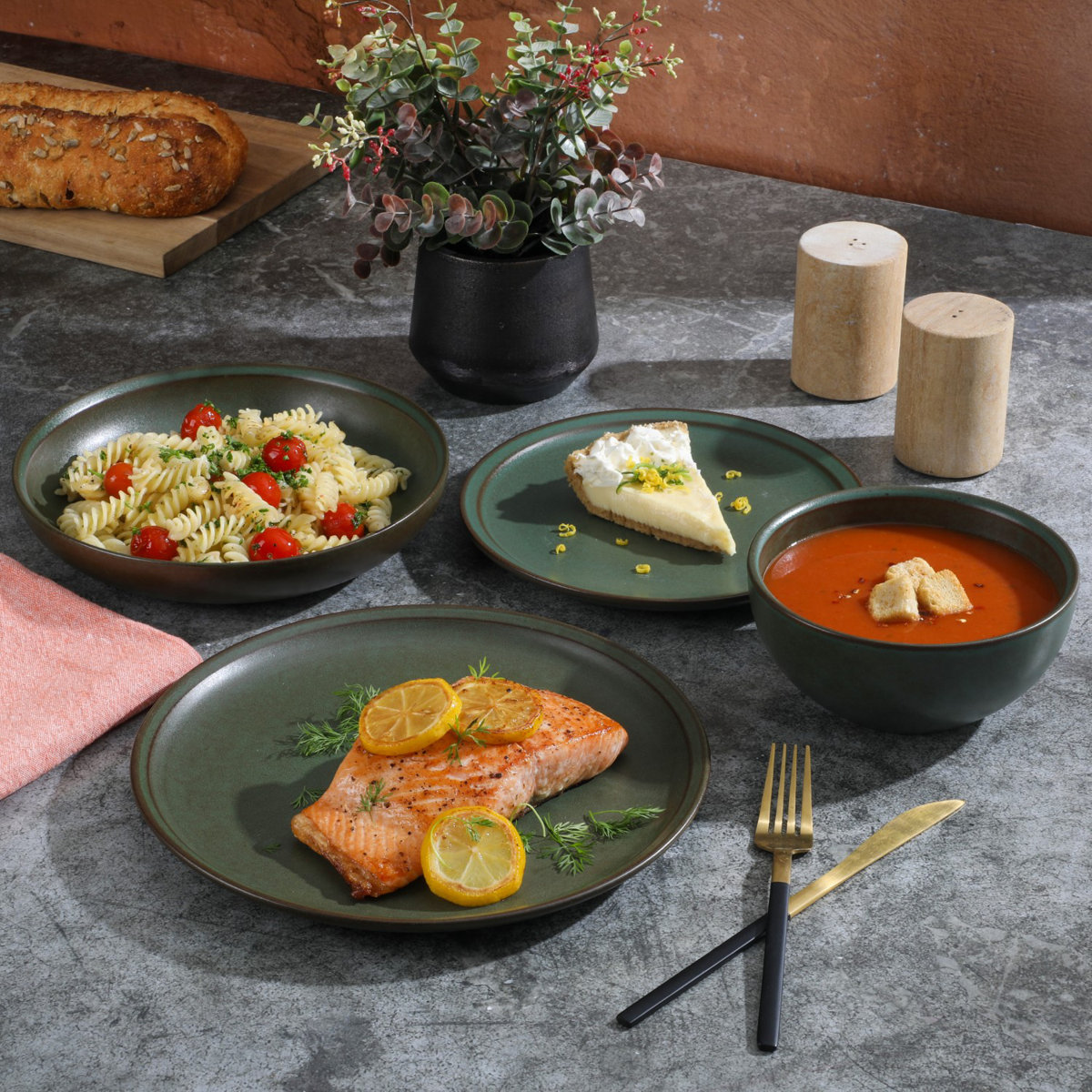 Gibson Elite Beckett Stoneware Matte Reactive Glaze 16 Piece Plates and ...