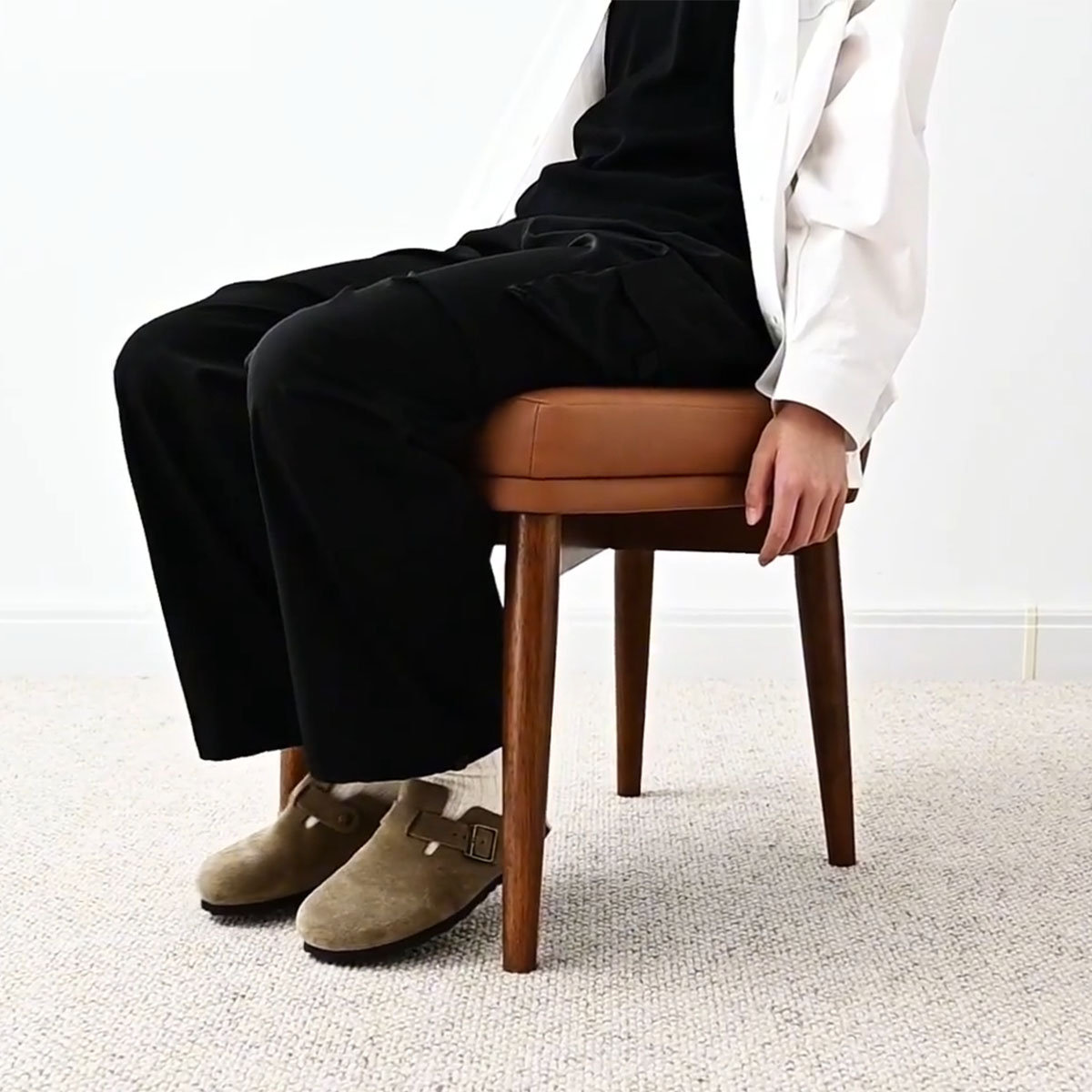 Ebern Designs Mid-Century Faux Leather Dining Chairs with Solid Wood ...