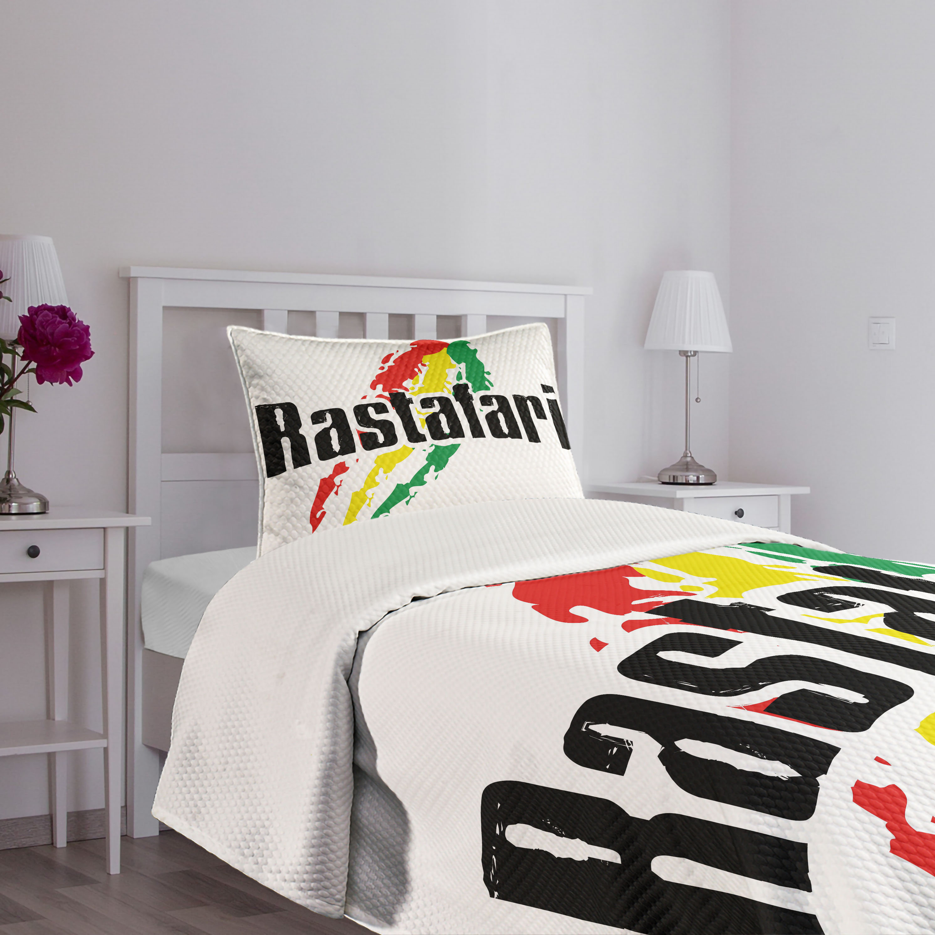 Ambesonne Rasta Bedspread Grunge Rastafari Words Red Green and Yellow ...