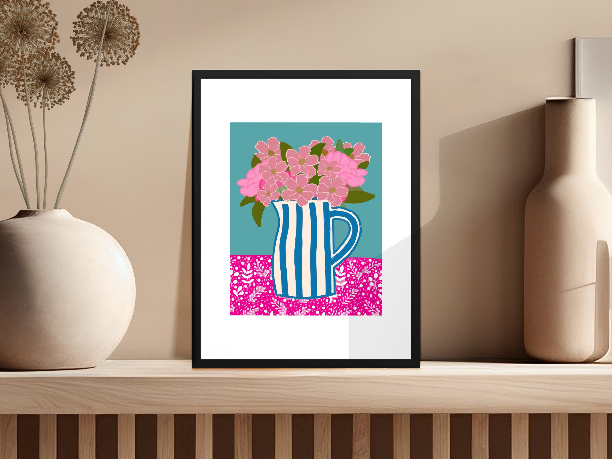 Brayden Studio Pink Flowers in Striped Pitcher Colorful Illustration ...