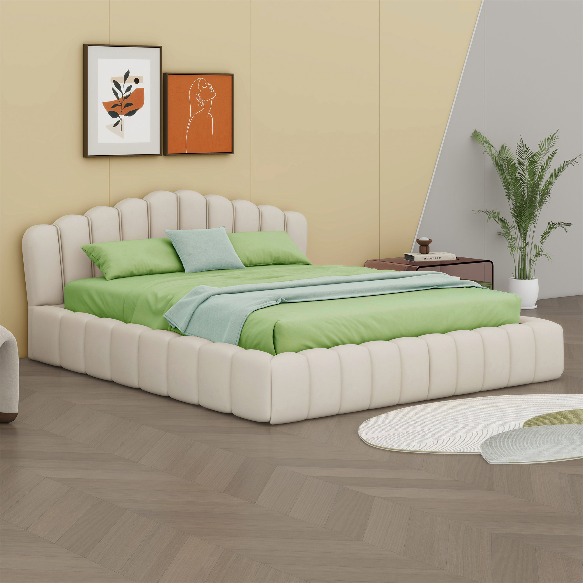 Mercer41 Upholstered Bed Frame Floor Bed Shell-Shaped Headboard ...