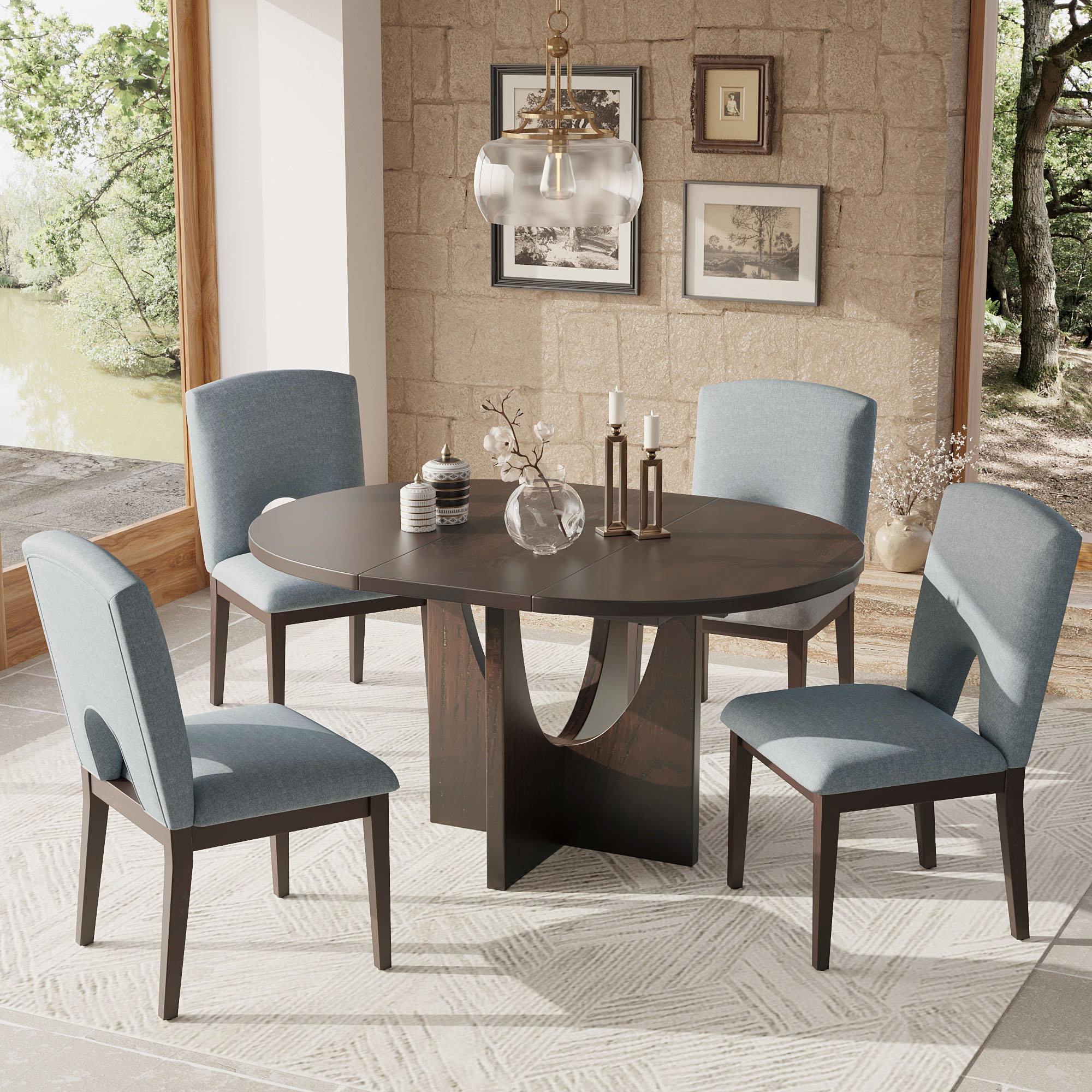 Hokku Designs Modern 5-Piece Extendable Round Dining Table Set With 16 ...
