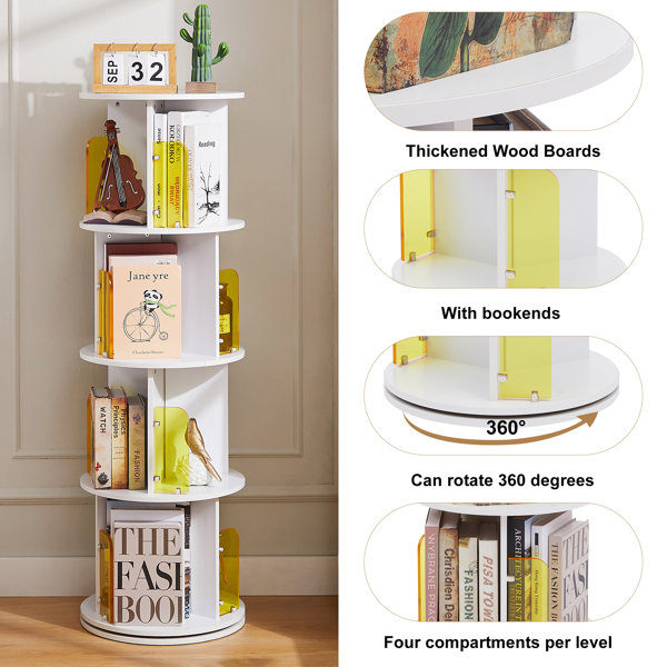 Ebern Designs Jadeyn Rotating Bookshelf 4 Tier 360° Revolving Floor ...