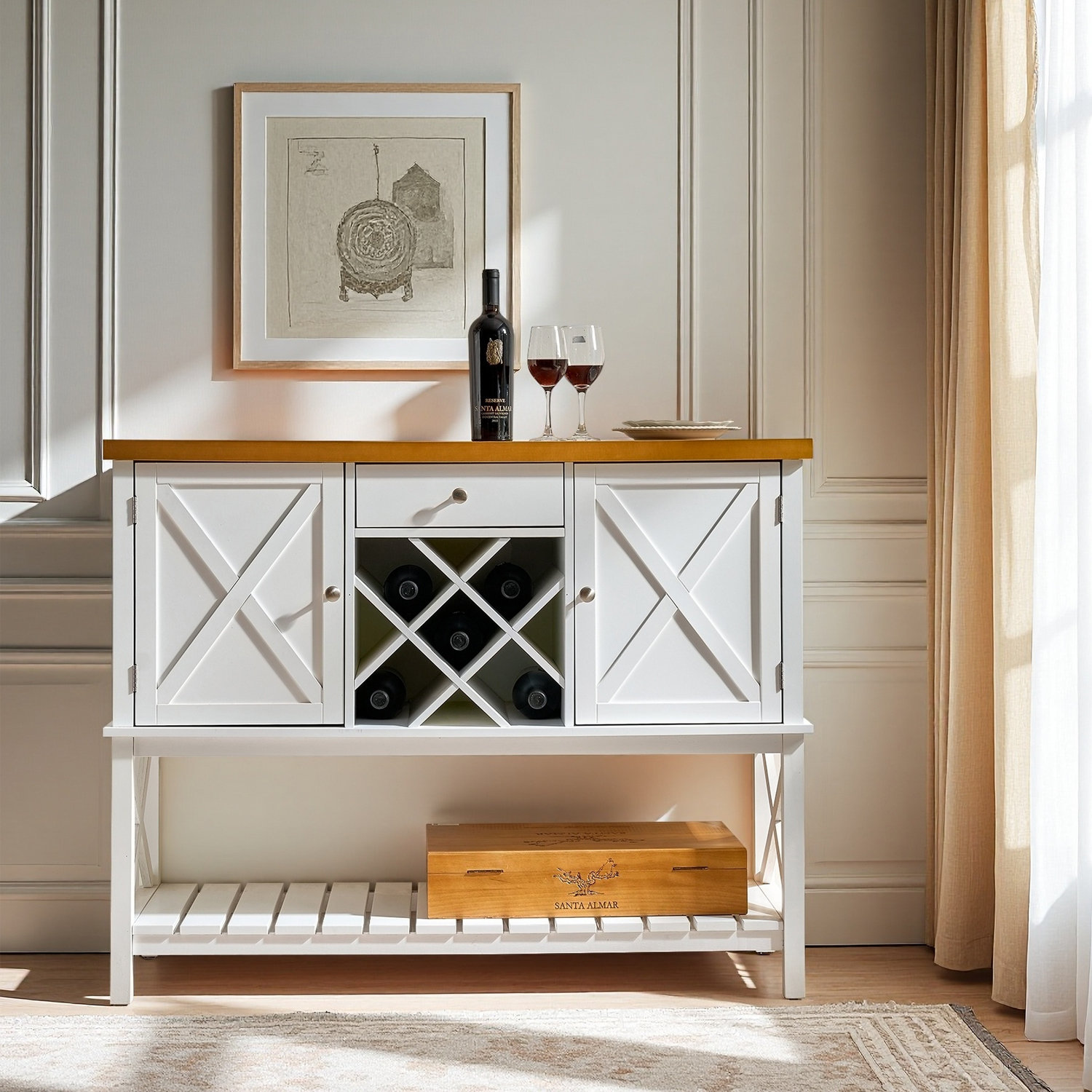 Gracie Oaks White Bar Cabinet Console Table With 2-Door Cabinet & 1 ...