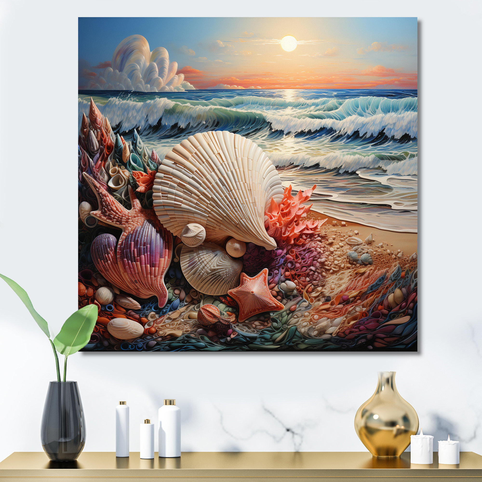 Highland Dunes Seashell At Beach Symphony Pointillism - Animals Canvas ...