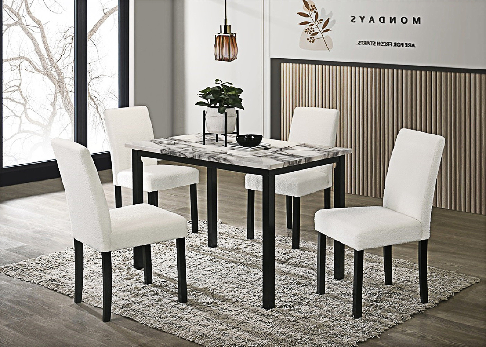 Red Barrel Studio® White Color Wool Fabric Chairs Faux Marble Top Table 5Pc Dining Set Kitchen ...