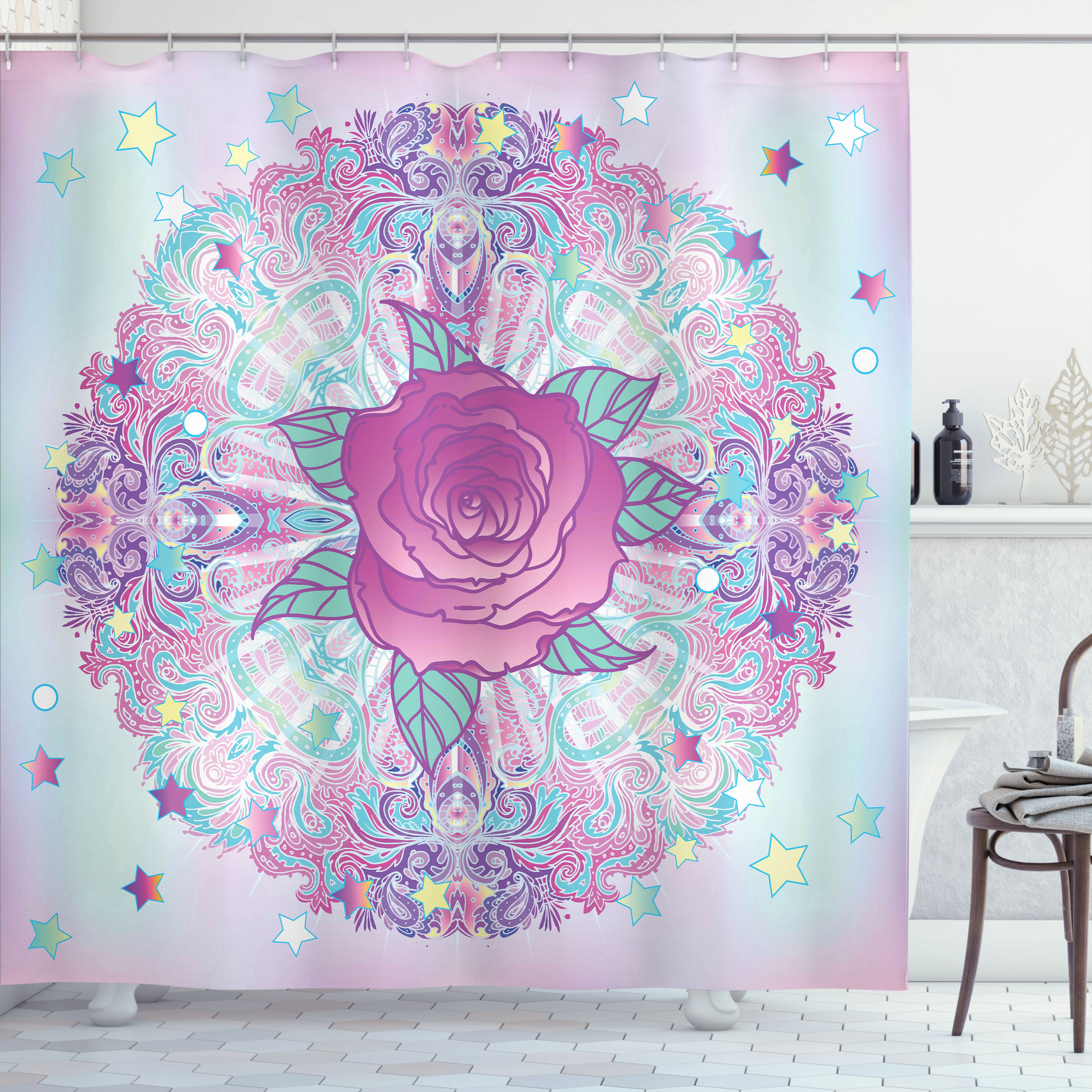 East Urban Home Indie Shower Curtain Psychedelic Rose Mandala Pale Blue ...