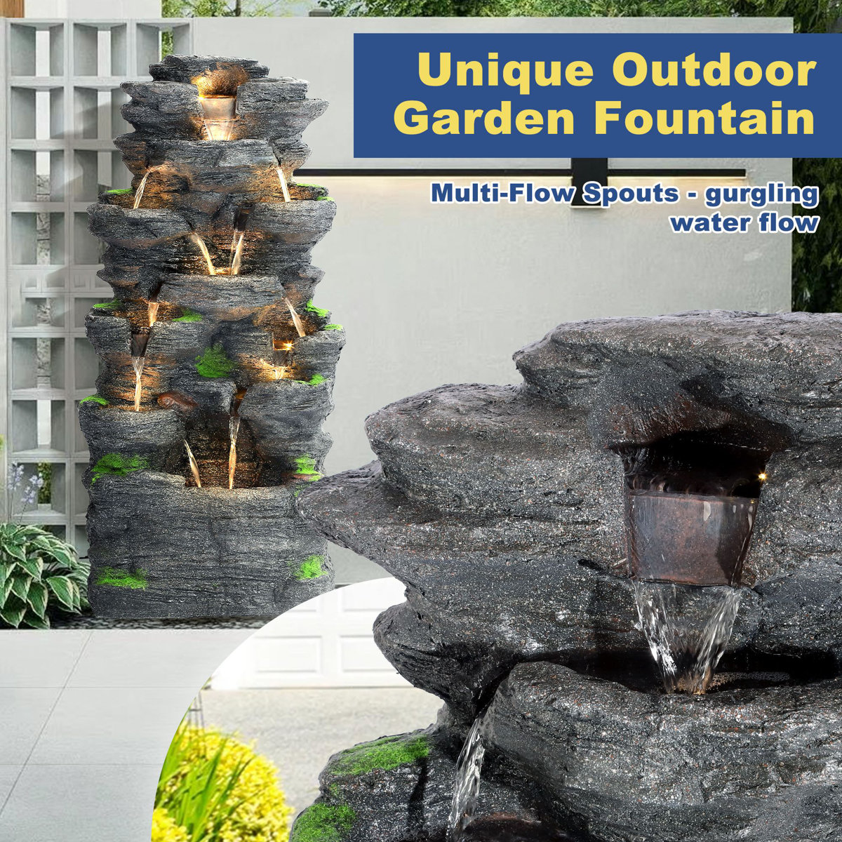 Ivy Bronx 10 Tiers Cascading Rock Outdoor Water Fountain, 40"H Garden ...