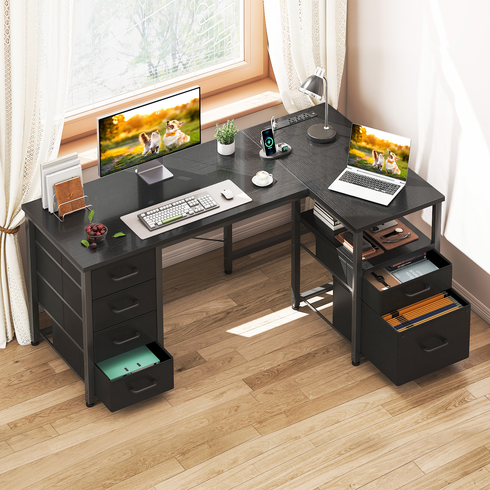Ebern Designs L-shaped Desk With 5-tier Under-desk Drawers,reversible ...