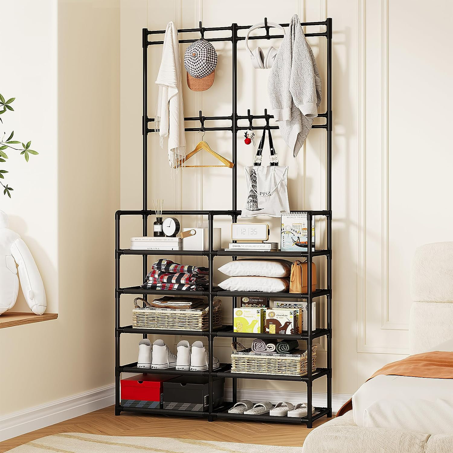 Rebrilliant 5-Tier Coat And Shoe Rack, Entryway Coat Rack With 8 Hooks ...