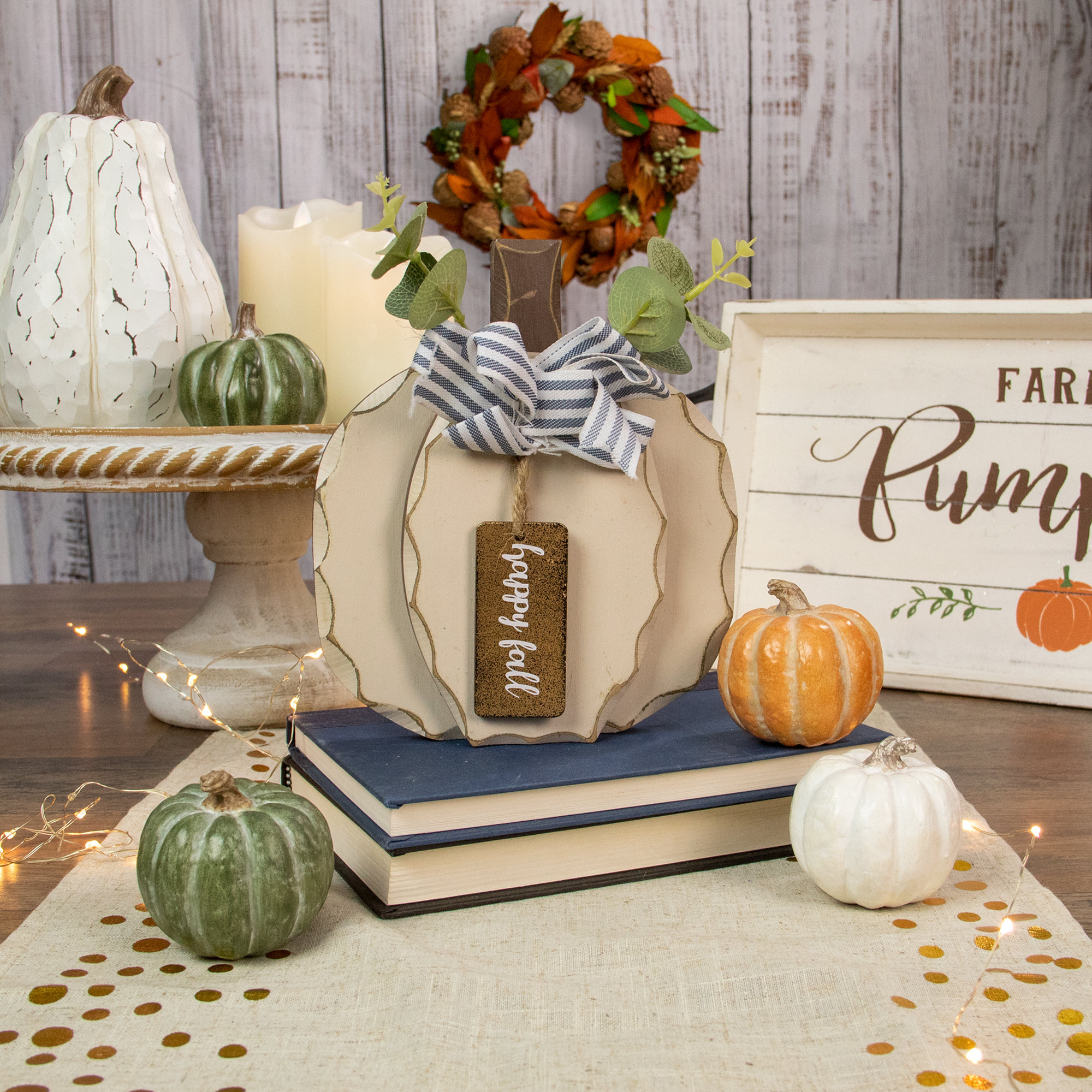 Northlight 9" Beige Happy Fall Wooden Pumpkin Fall Harvest Decoration ...