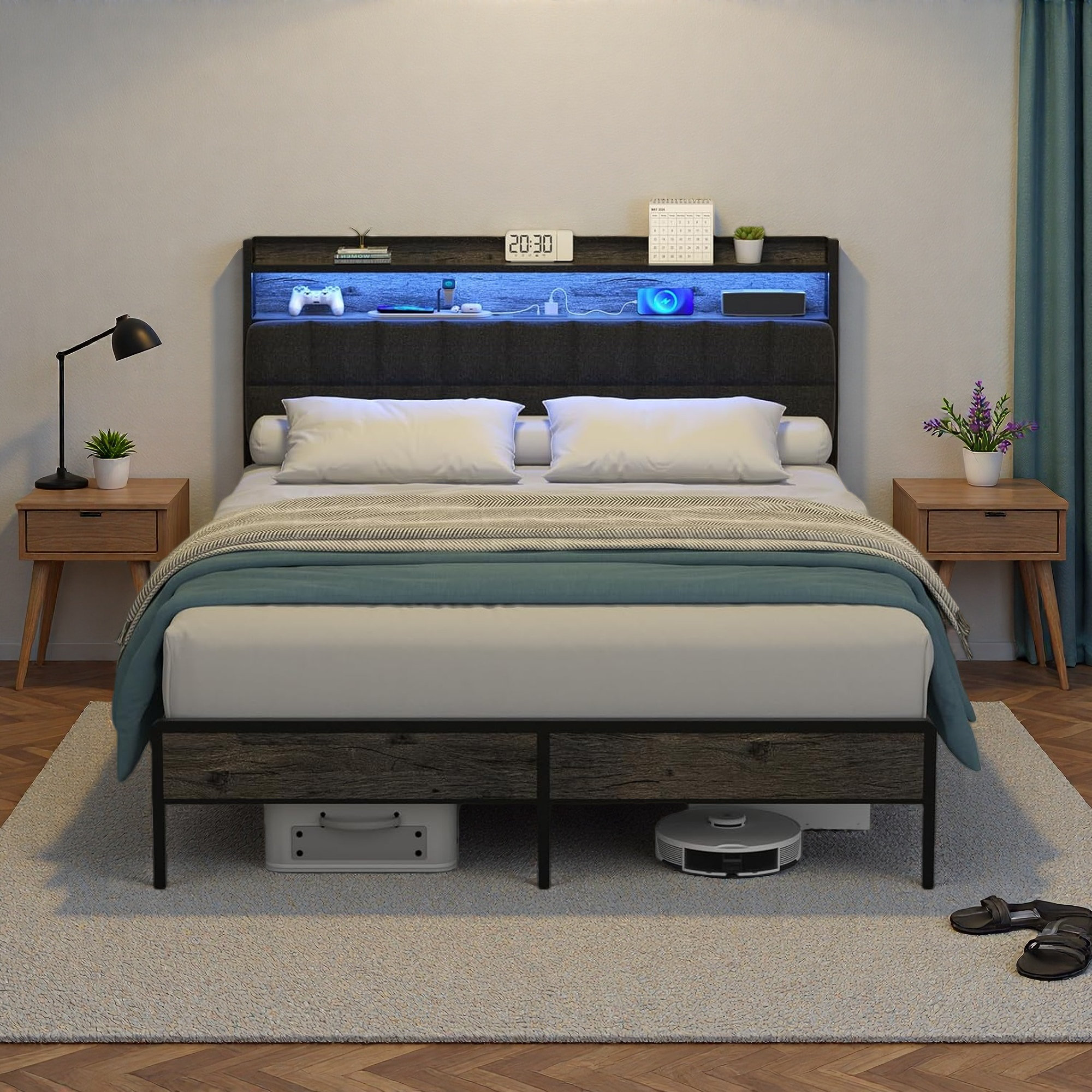 Magiccactus Queen Bed Frame, Ergonomic Headboard With Multi-Space ...