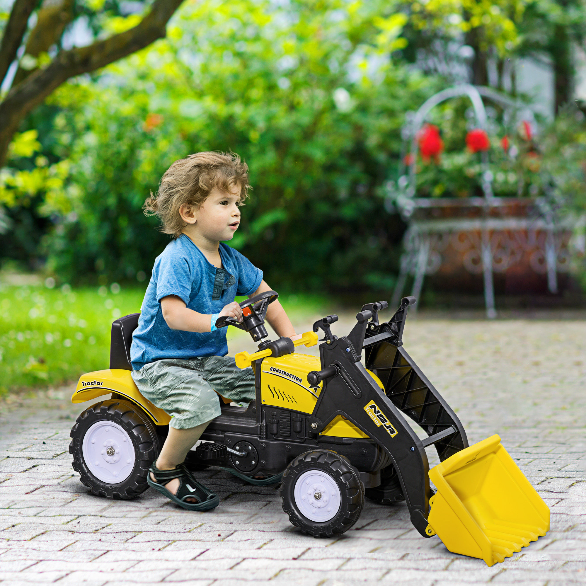 Aosom Kids Manual Pedal Ride-On Excavator With Front Loader Digger, Ride-On Tractor For 3 Year ...