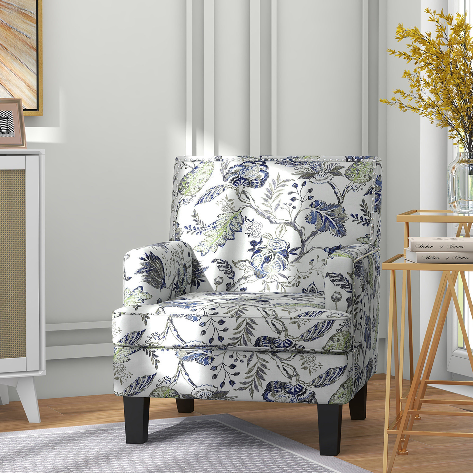 Winston Porter Modern Accent Chair with Floral Pattern Nailhead Trim Multicolour - Wayfair Canada