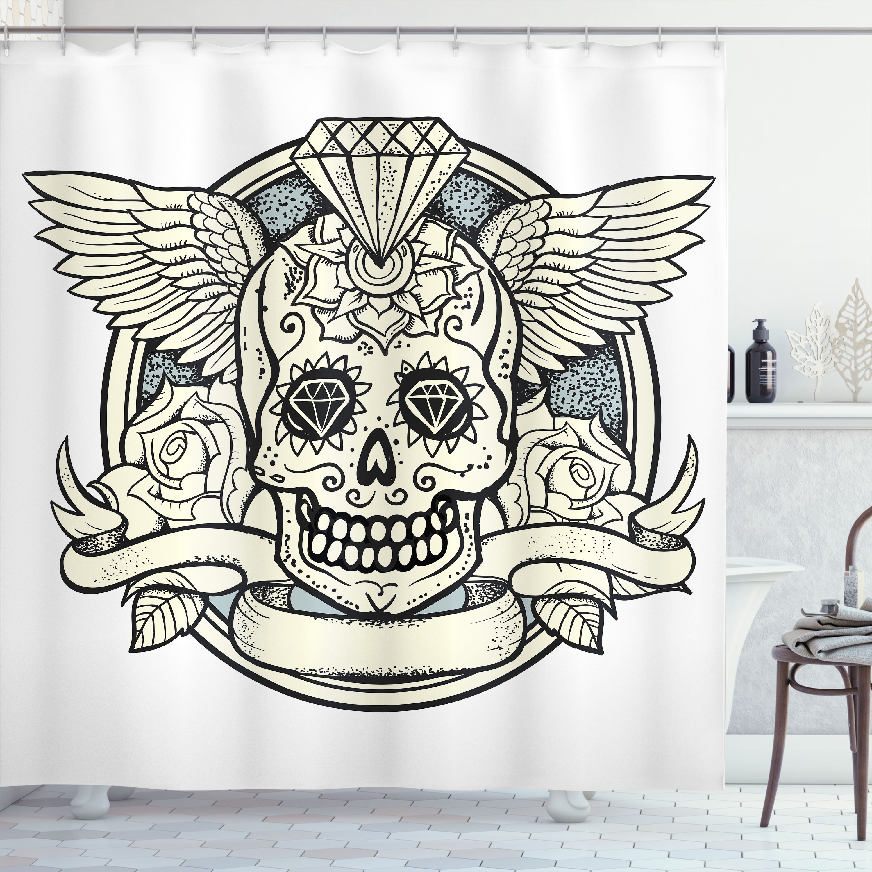 Dakota Fields Sugar Skull Shower Curtain Calavera Diamond Cream Grey ...