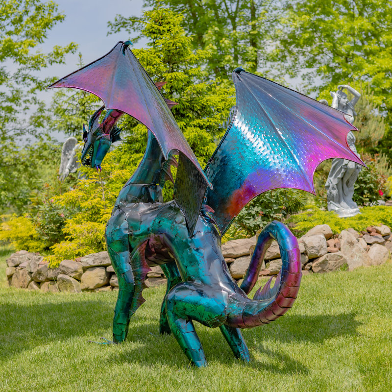 Zaer Ltd International 6ft. Tall Large Metal Dragon Statue w/Oil-Slick ...