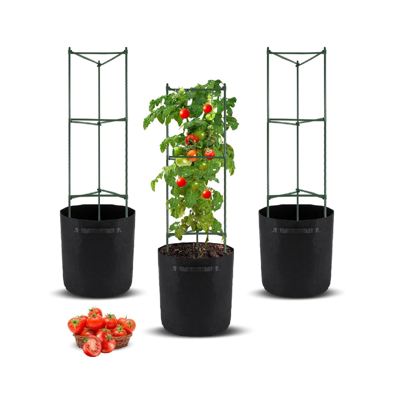 Arlmont & Co. 3 Pack Garden Tomato Cages With Grow Bags,Triangle Tomato ...