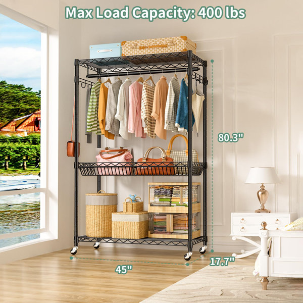 Rebrilliant Niyana 45" Rolling Clothes Rack, Clothing Racks for Hanging ...