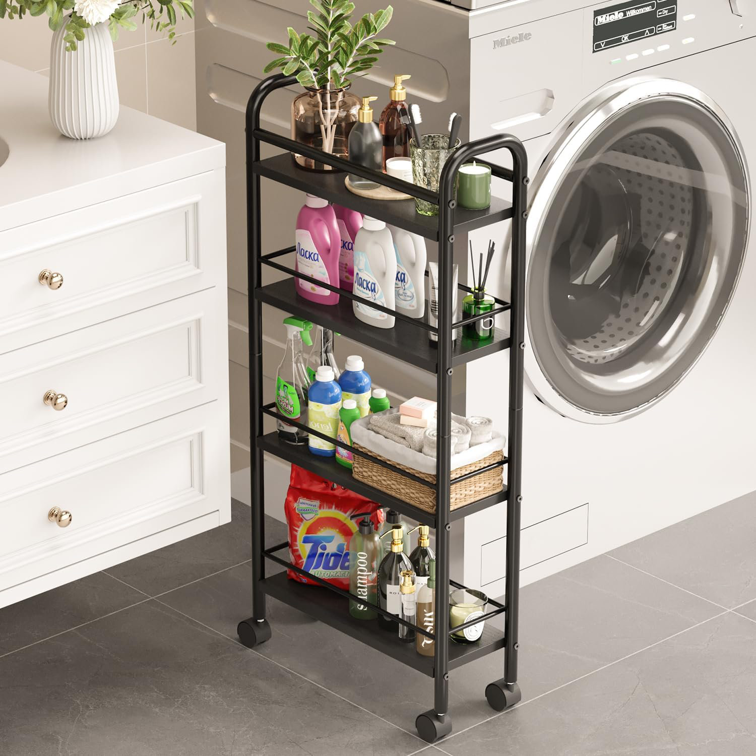 JJbaok Slim Rolling Storage Cart With 4 Tier Shelves, Narrow Utility ...