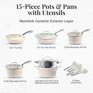 Gotham Steel Cream Hammered 15 Piece Nonstick Cookware Set with Cooking ...