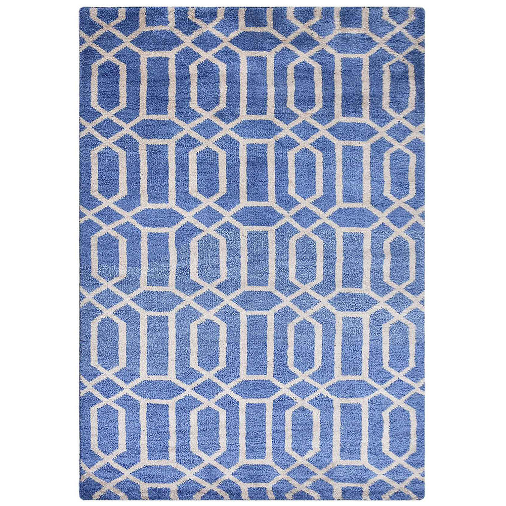 Everly Quinn Blue Beige 100% Wool Handmade Geometric Area Rug, Hand ...