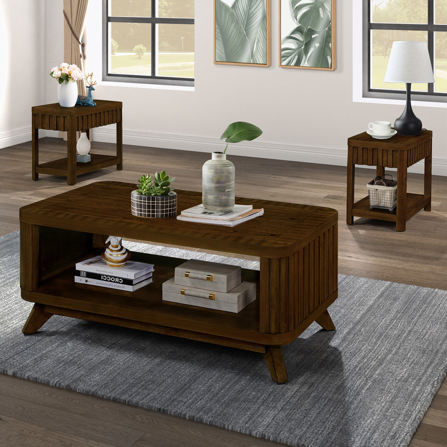 Corrigan Studio® 3-Piece coffee Table Set with Wood Legs and buttom ...