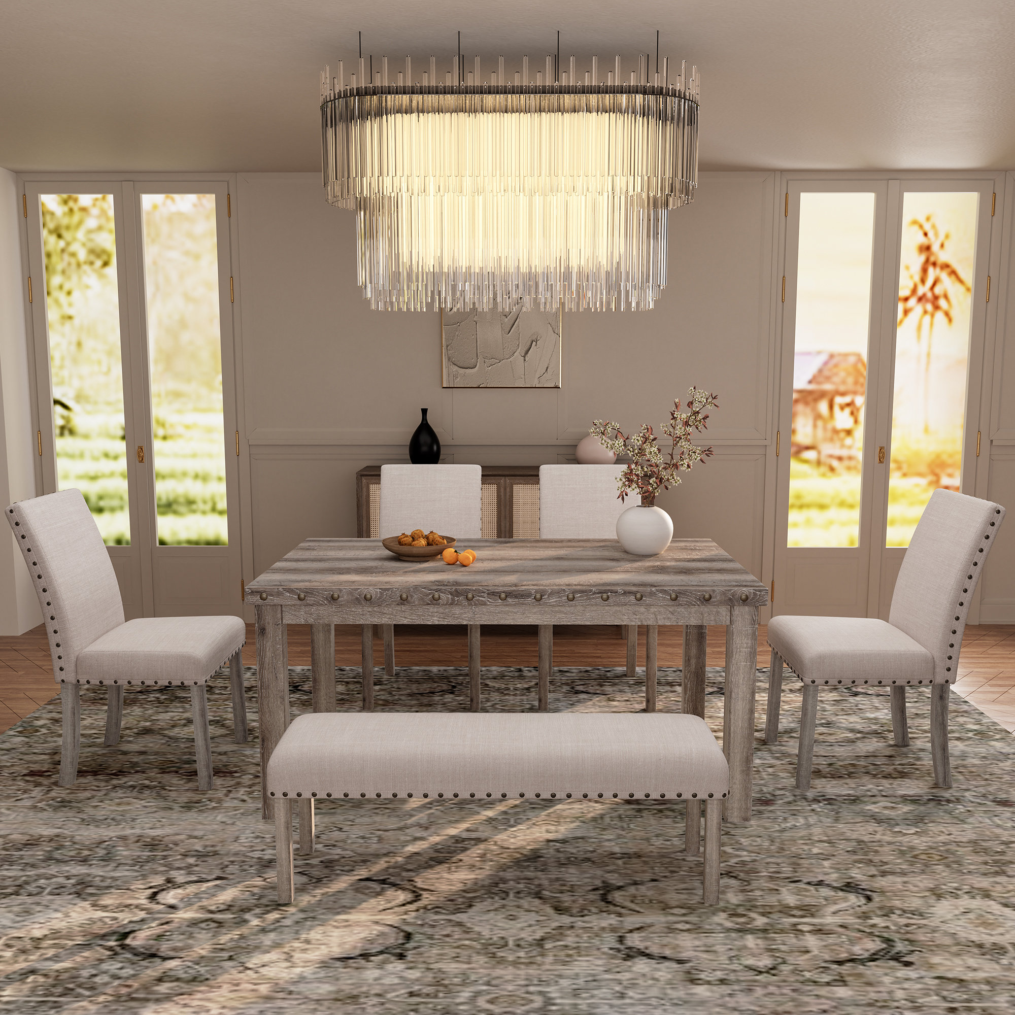 Gracie Oaks Fort 6 - Pieces Farmhouse Dining Set, Wooden Table with ...