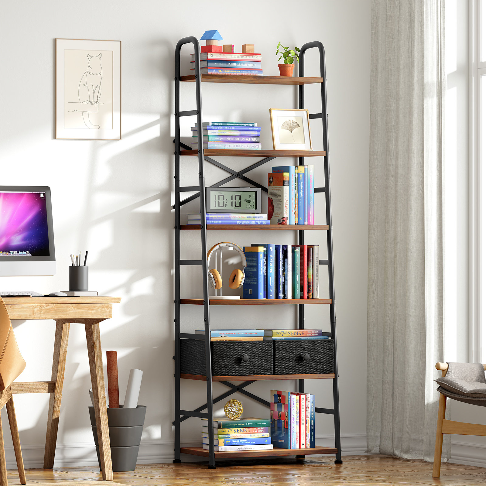 17 Stories Shela 69.7'' Tall Standard Ladder Bookcase, 6 Layer ...