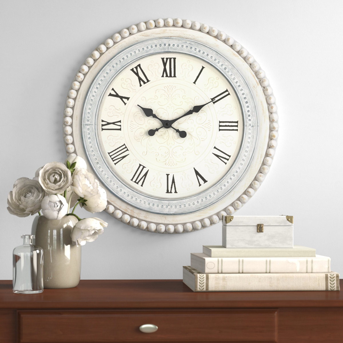 Kelly Clarkson Home Fontanel White Wood Carved Beading Wall Clock 22" x ...