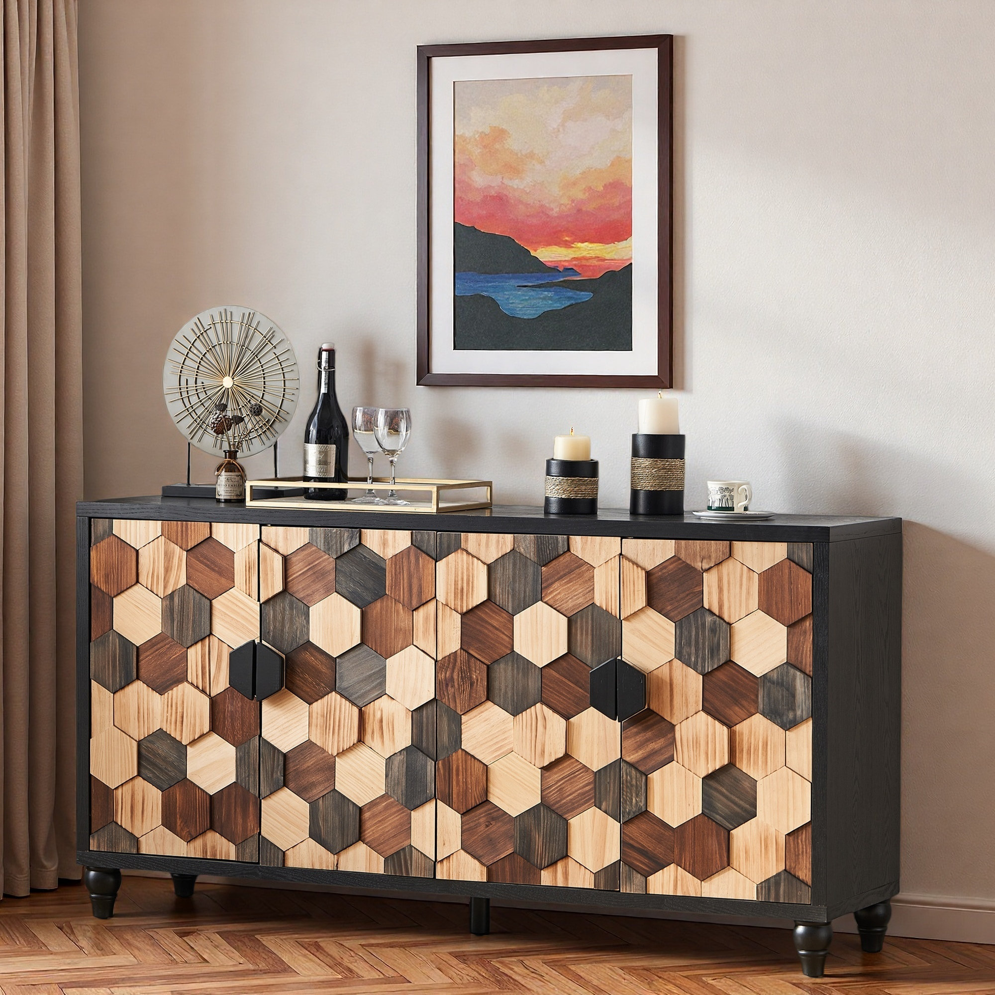 Winston Porter Buffet Sideboard With Honeycomb Pattern And Pine Wood ...
