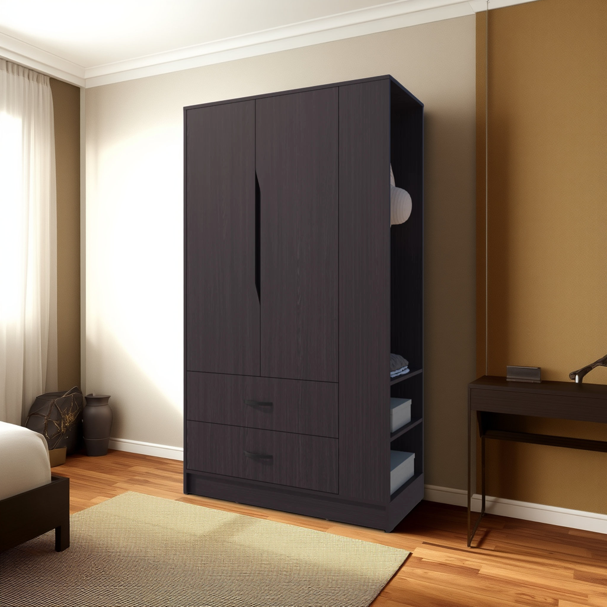 Latitude Run® Wenge Wardrobe (Modern Style), 3 Doors, 1 Drawer, Side ...