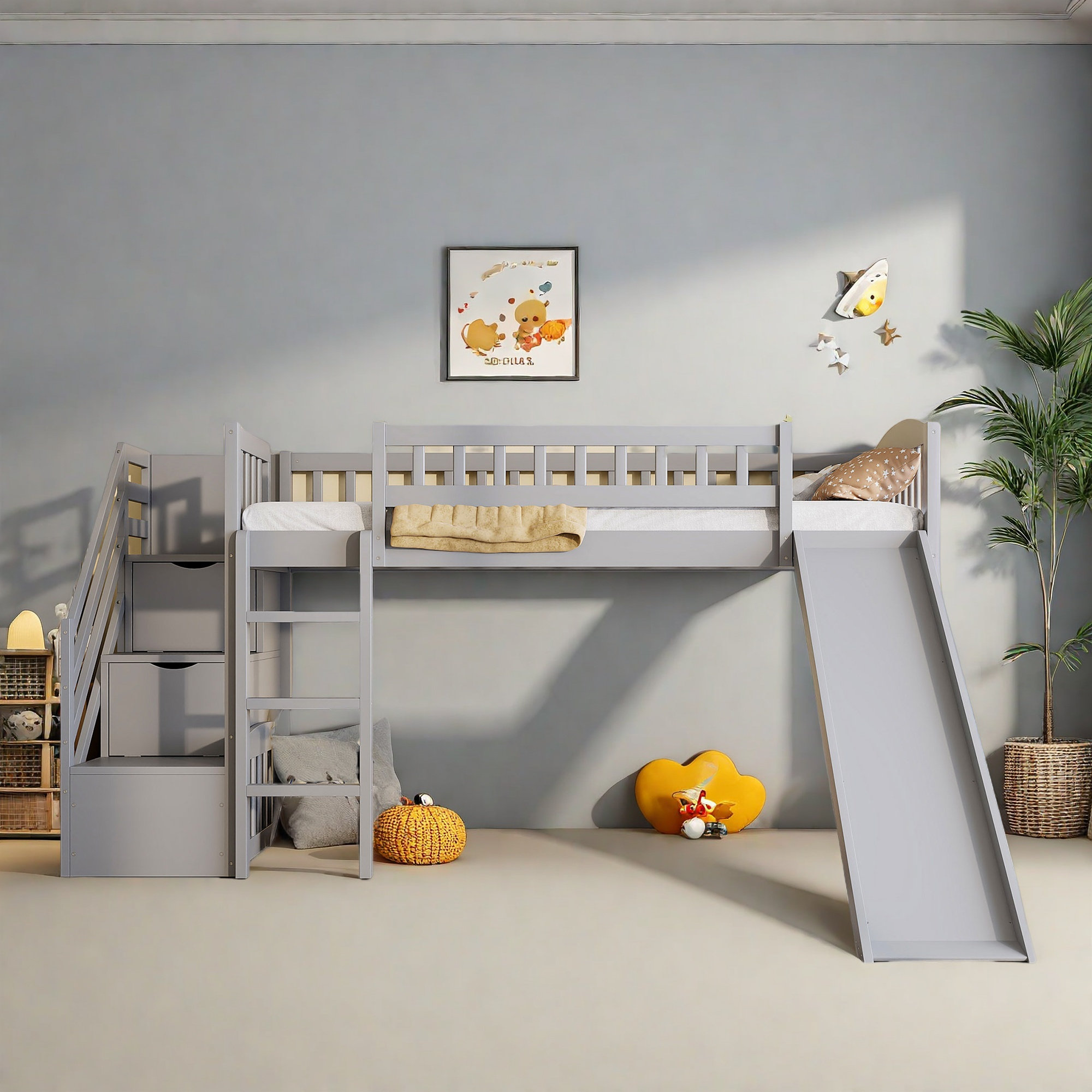 Latitude Run® Loft Bed With Slide, Reversible Ladder And Storage Stairs ...
