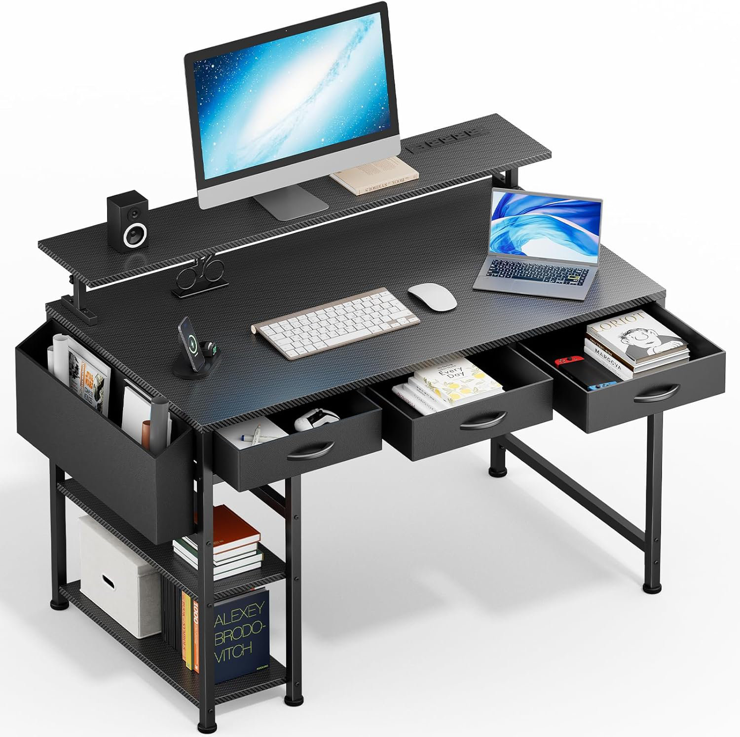 Ivy Bronx 47 Inch Computer Desk With 3 Drawers, Gaming Desk With LED ...