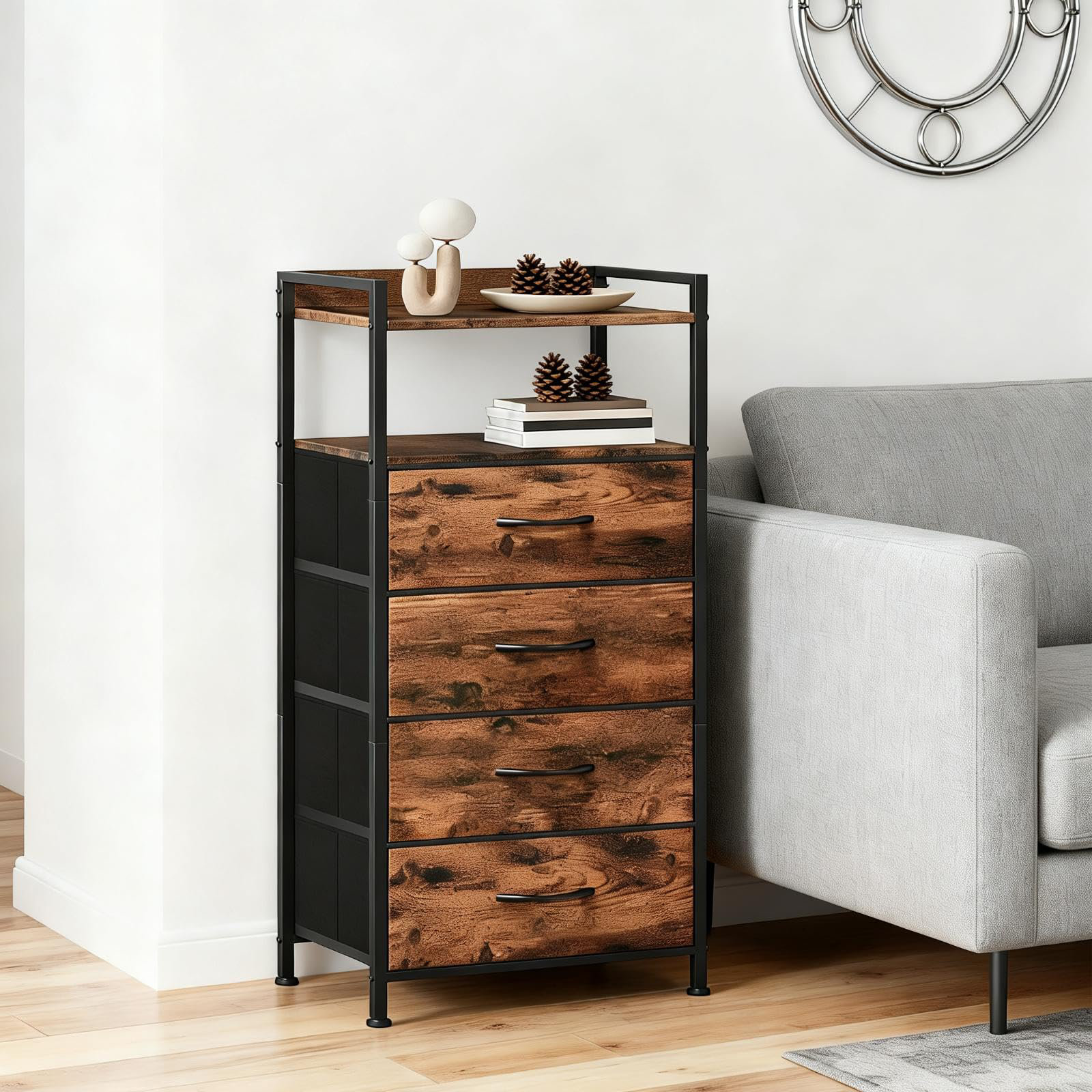 17 Stories Tall Fabric Chest of Drawers, Tall Bedside Table with 4 ...