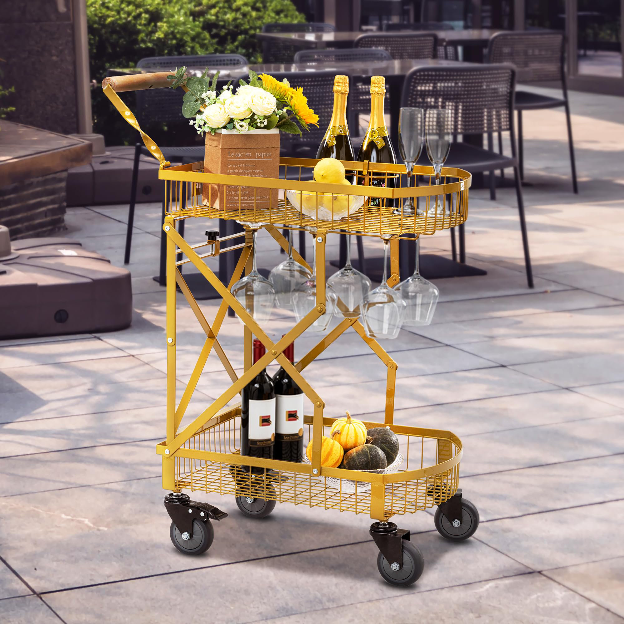 Mercer41 Foldable Bar Cart With Wheels, Bar Cart With Glass Holder And ...