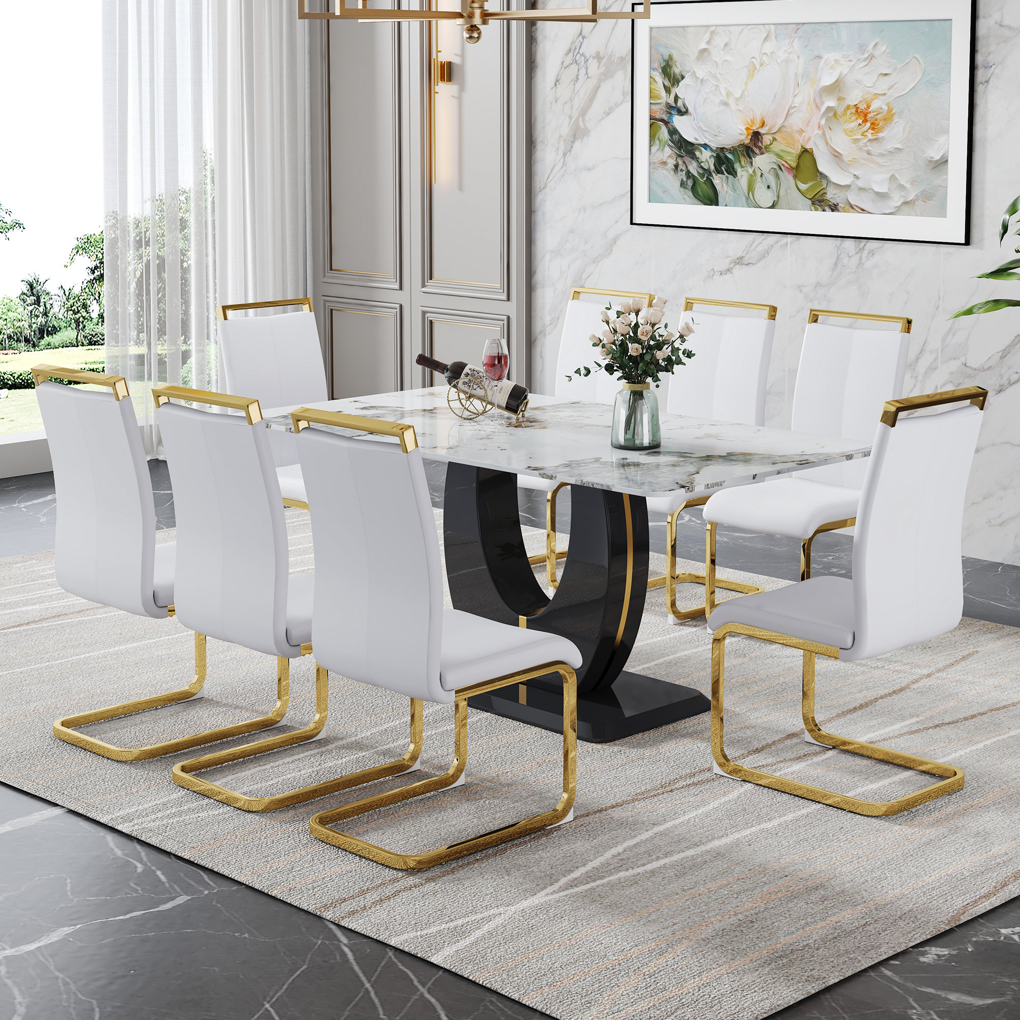 Hokku Designs Nickoy 9 - Piece Glass Top Pedestal Dining Set | Wayfair