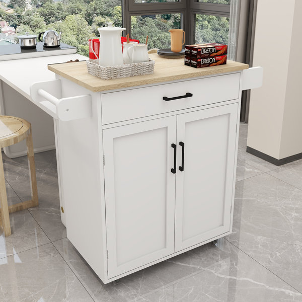 Gracie Oaks White Kitchen Trolley With Farmhouse Door And Rubber Wood ...