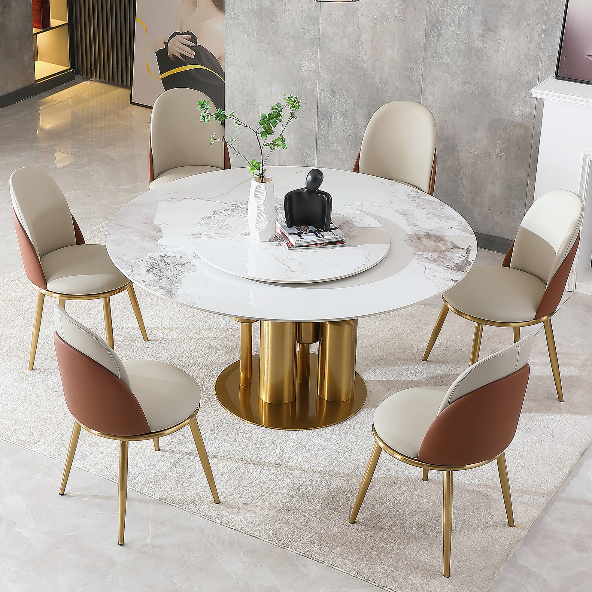 Everly Quinn Modern Marble Dining Table, 59" Round Sintered Stone Table ...