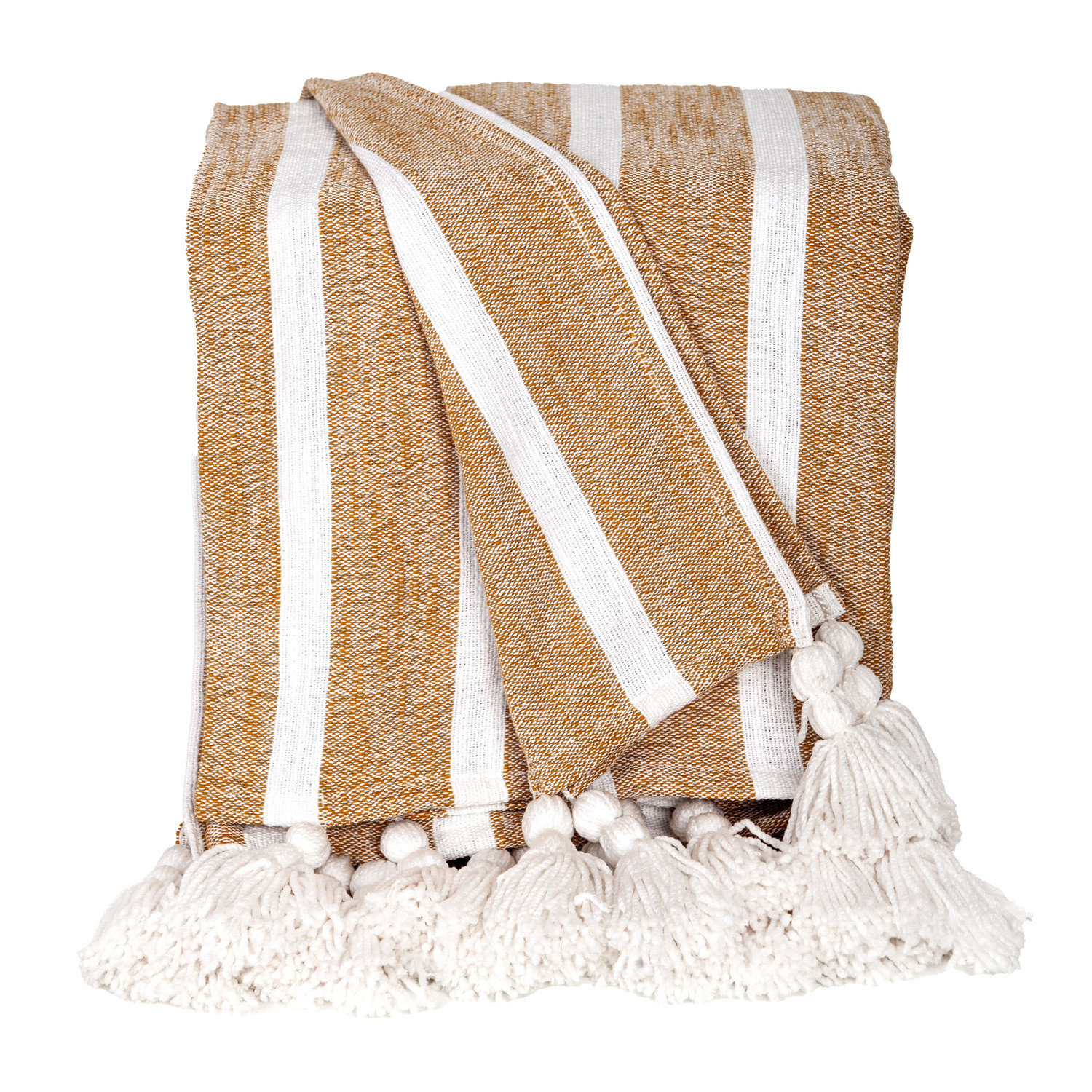 HomeRoots 50" X 60" Gold and Ivory Woven Cotton Striped Throw Blanket ...