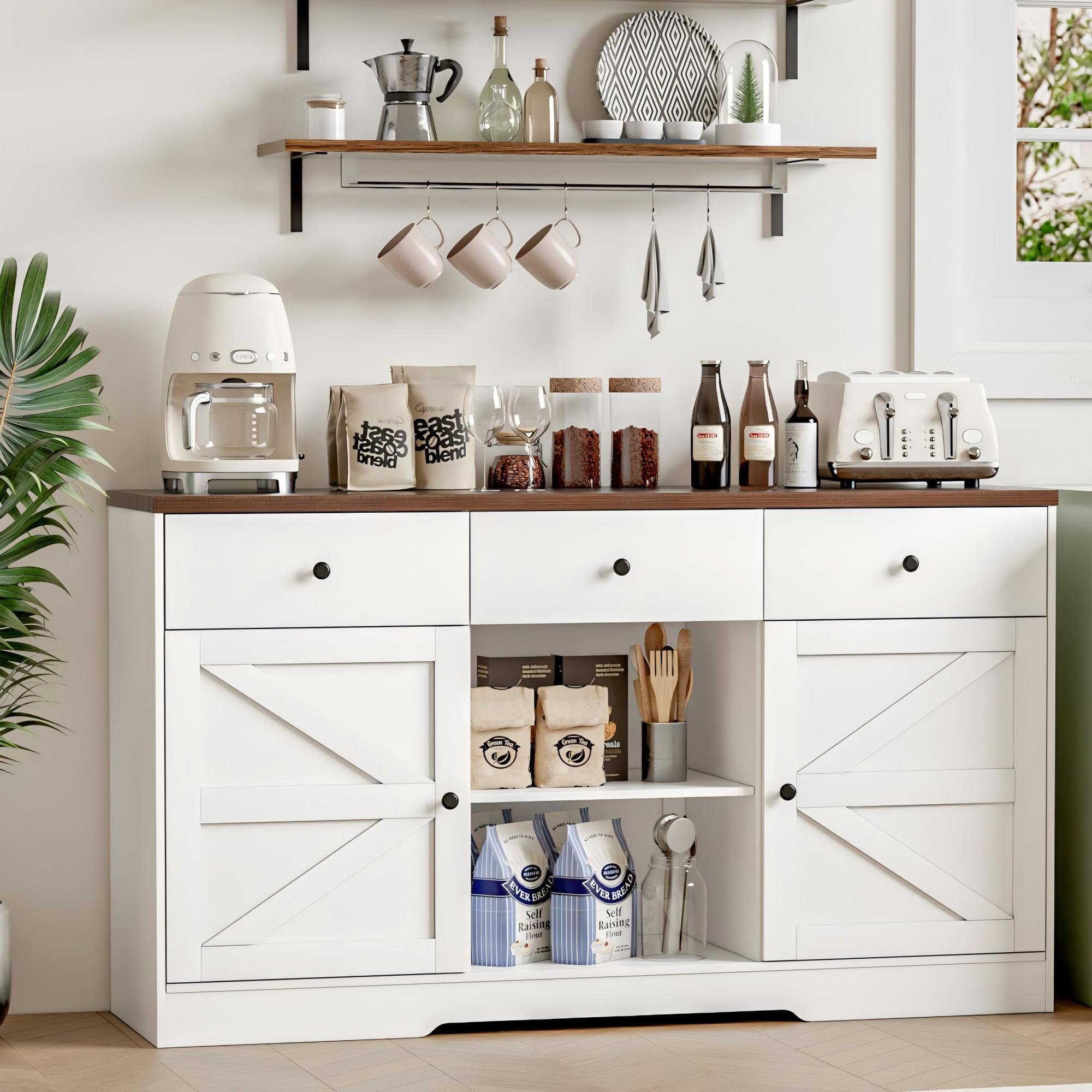 Gracie Oaks 55.1” W Sideboard Buffet Cabinet with 2-Door Cabinets, Credenza with 3 Large Drawers ...