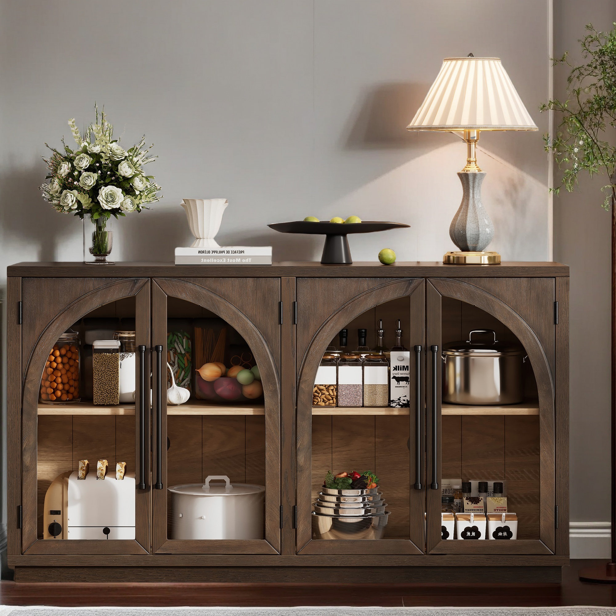 Ebern Designs 4-Door Large Storage Sideboard Buffet Cabinet With Glass Doors, Arched Cabinet ...