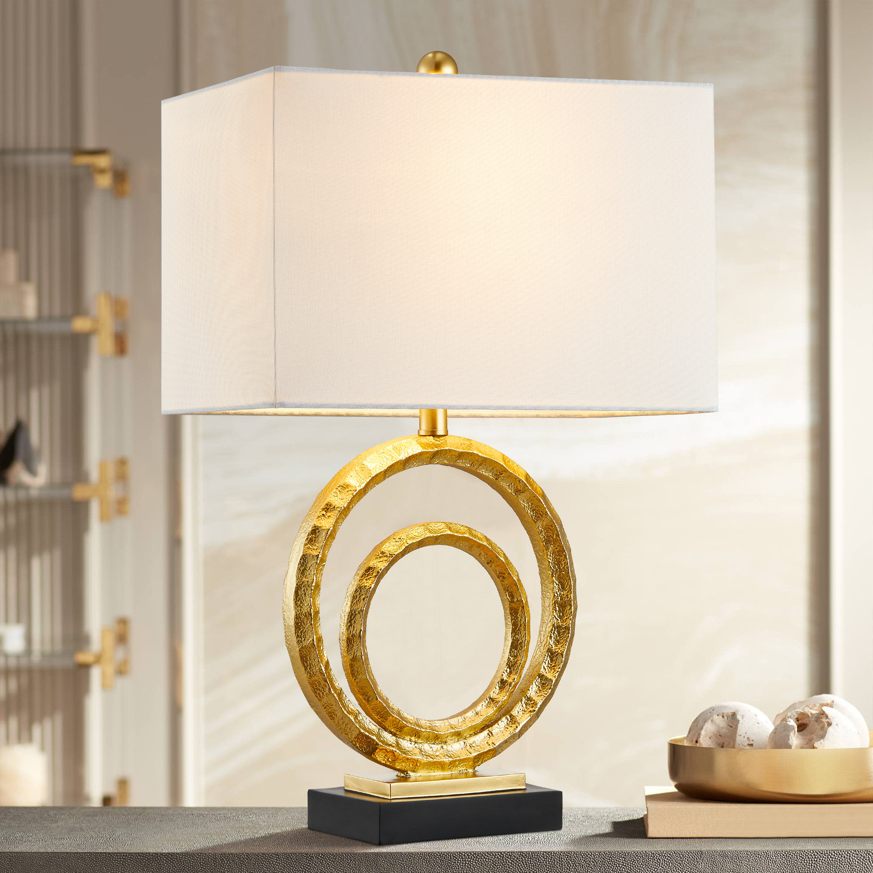 Mercer41 23.7" Table Lamp with Rectangular Shade, Gold Leaf and Black ...