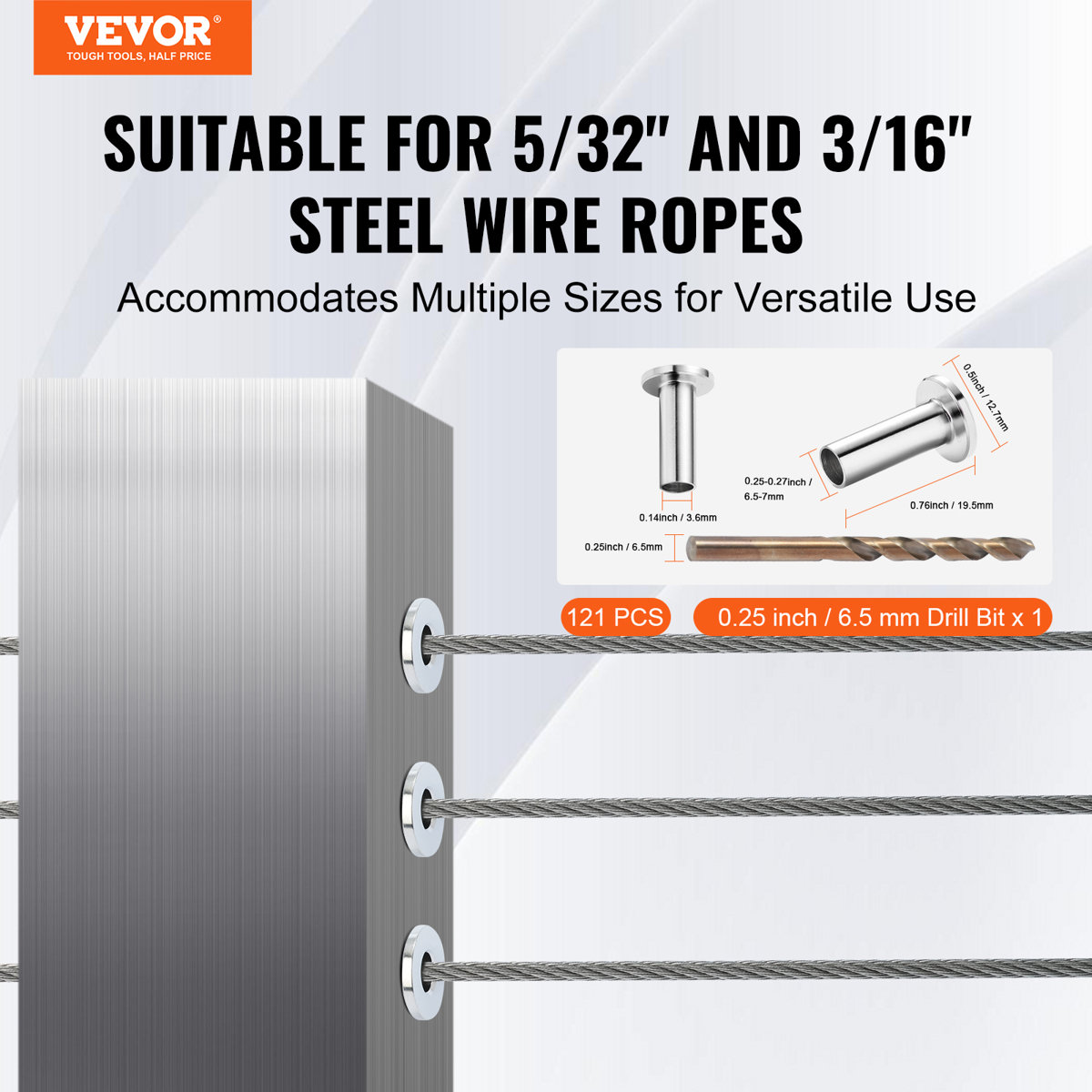 VEVOR T316 Stainless Steel Protector Sleeves for 5/32" 3/16" Wire Rope ...