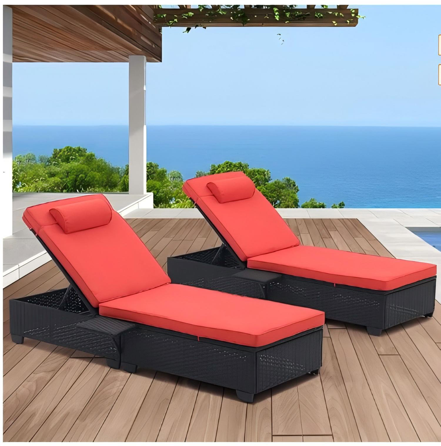Latitude Run® Outdoor PE Wicker Chaise Lounge Set of 2, Patio Rattan ...