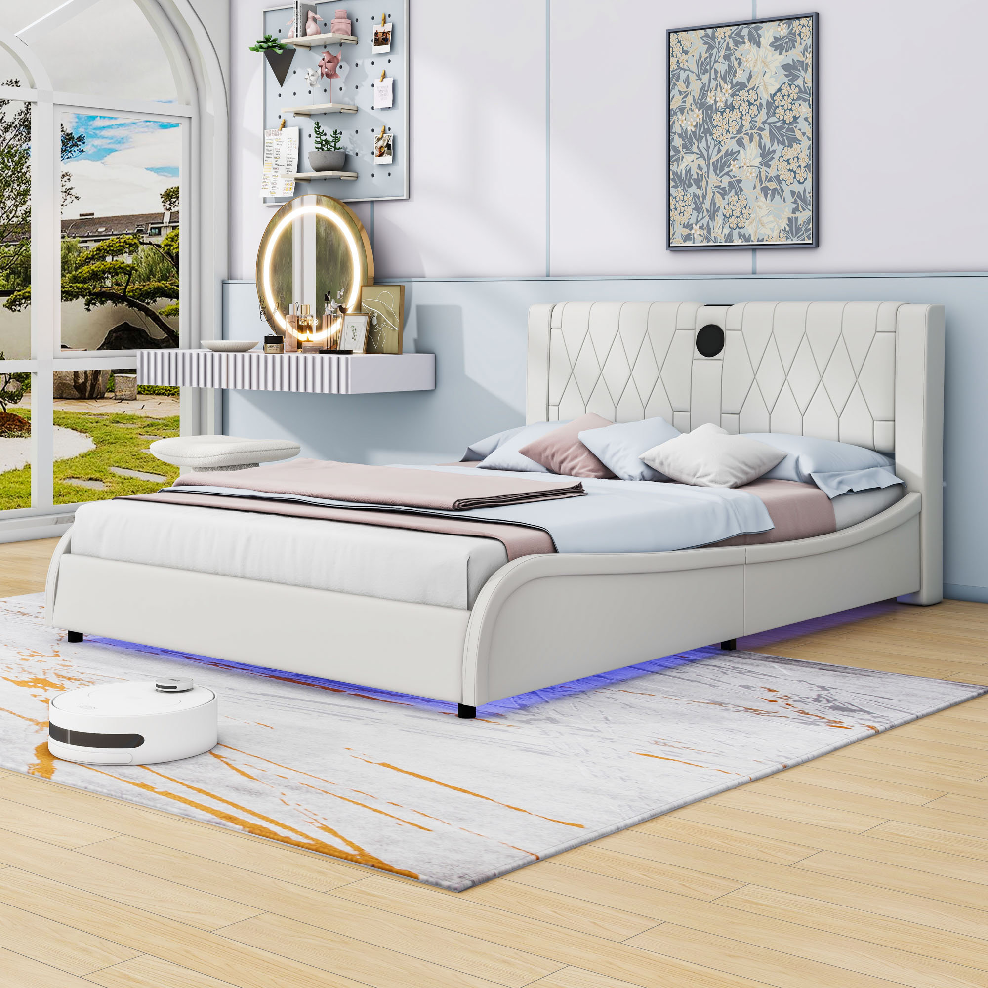 Ivy Bronx Upholstered Platform Bed with Built-in Bluetooth Speakers and ...