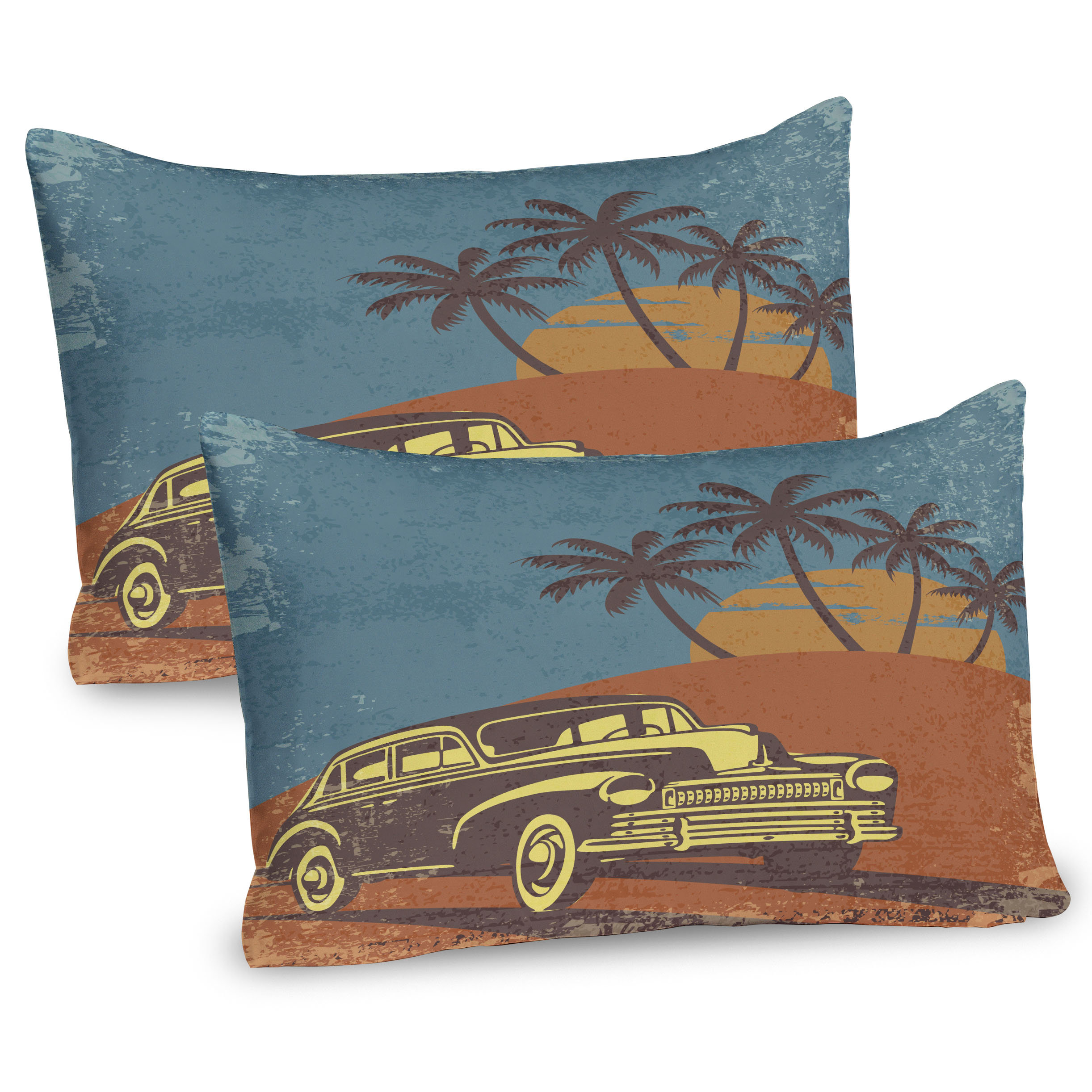 Ambesonne Cars Pillow Sham 2 Pack Vintage Ride on the Beach Pale Yellow ...